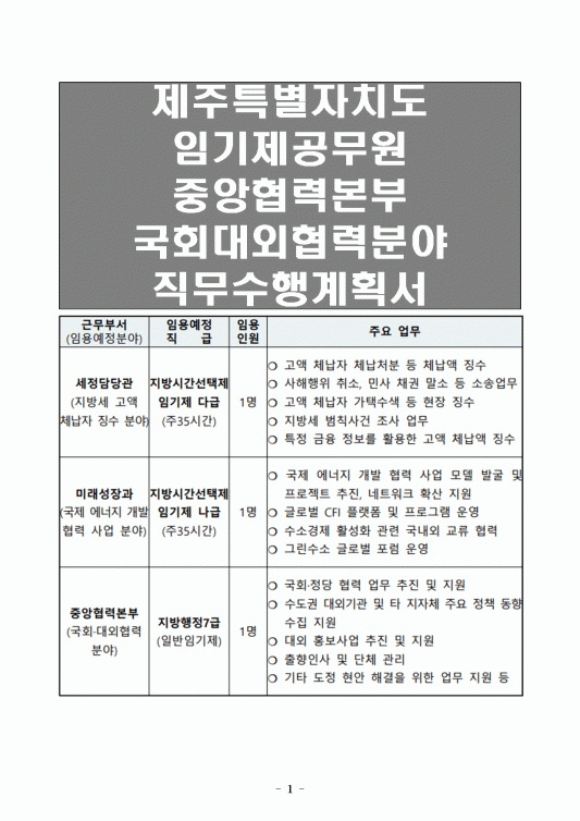 제주특별자치도 임기제공무원 중앙협력본부 국회대외협력분야 직무수행계획서