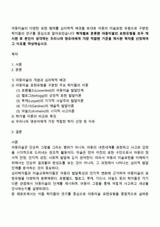 학자별로 분류한 아동미술의 표현유형을 모두 제시한 후 본인이 생각하는 우리나라 영유아에게 가장 적합한 기준을 제시한 학자를 선정하여 그 이유를 작성하십시오