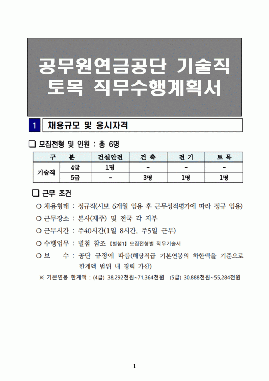 공무원연금공단 기술직 토목 직무수행계획서