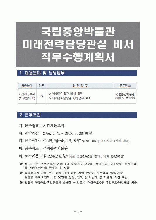 국립중앙박물관 미래전략담당관실 비서 직무수행계획서