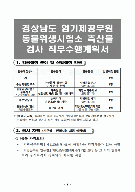 경상남도 임기제공무원 동물위생시험소 축산물 검사 직무수행계획서