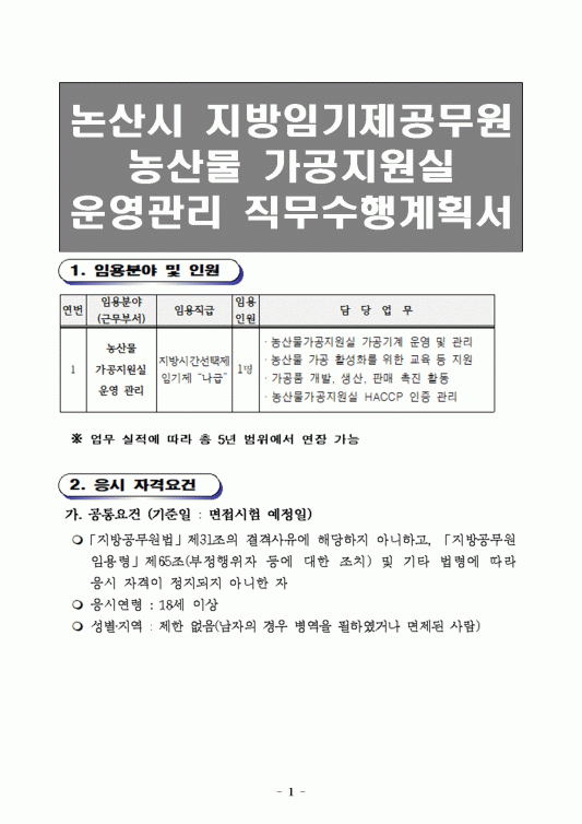 논산시 지방임기제공무원 농산물 가공지원실 운영관리 직무수행계획서