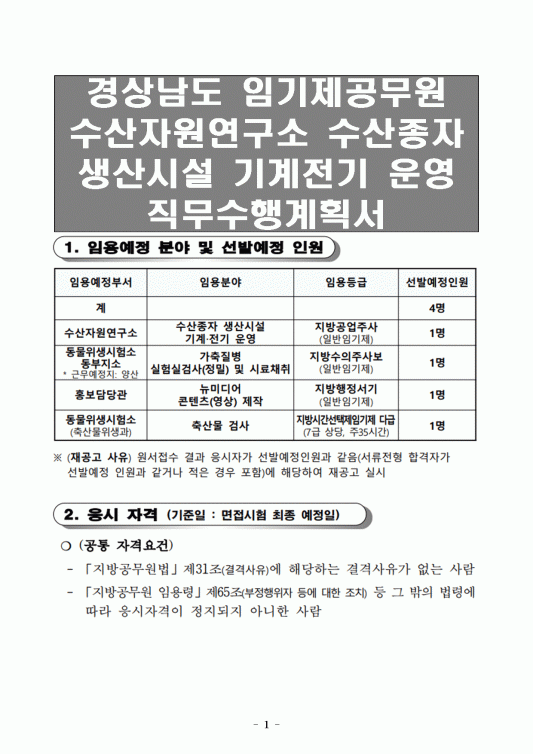 경상남도 임기제공무원 수산자원연구소 수산종자 생산시설 기계전기 운영 직무수행계획서