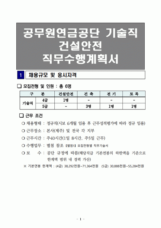 공무원연금공단 기술직 건설안전 직무수행계획서