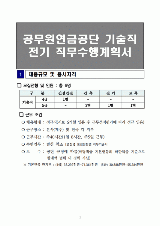 공무원연금공단 기술직 전기 직무수행계획서