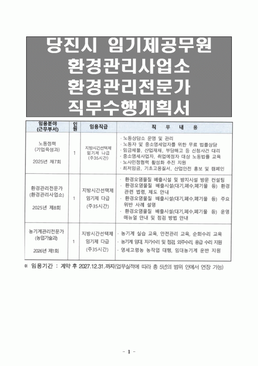 당진시 임기제공무원 환경관리사업소 환경관리전문가 직무수행계획서