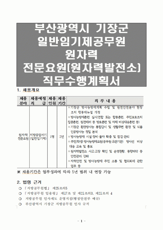 부산광역시 기장군 일반임기제공무원 원자력 전문요원(원자력발전소) 직무수행계획서
