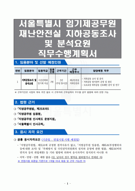 서울특별시 임기제공무원 재난안전실 지하공동조사 및 분석요원 직무수행계획서