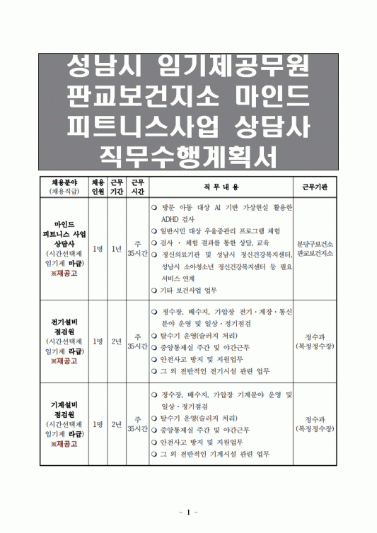 성남시 임기제공무원 판교보건지소 마인드 피트니스사업 상담사 직무수행계획서