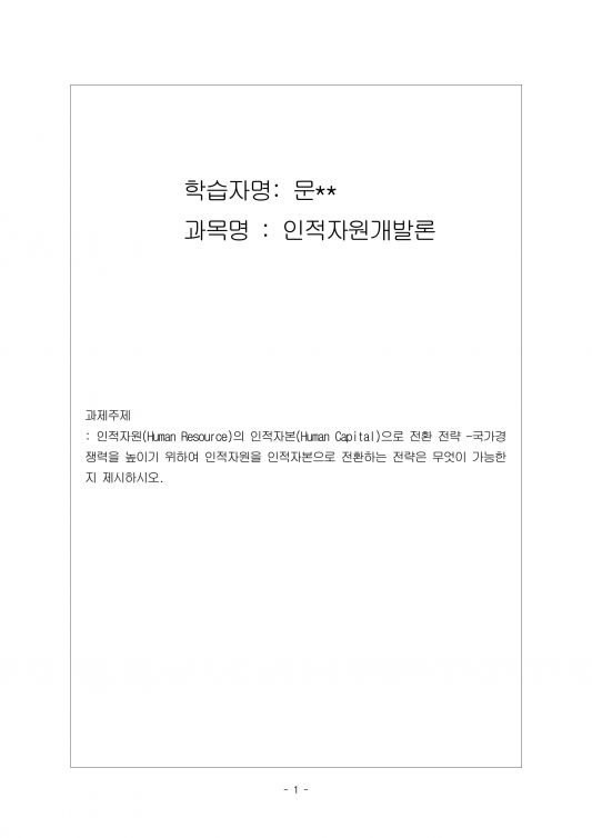 인적자원(Human Resource)의 인적자본(Human Capital)으로 전환 전략 -국가경쟁력을 높이기 위하여 인적자원을 인적자본으로 전환하는 전략은 무엇이 가능한지 제시하시오.