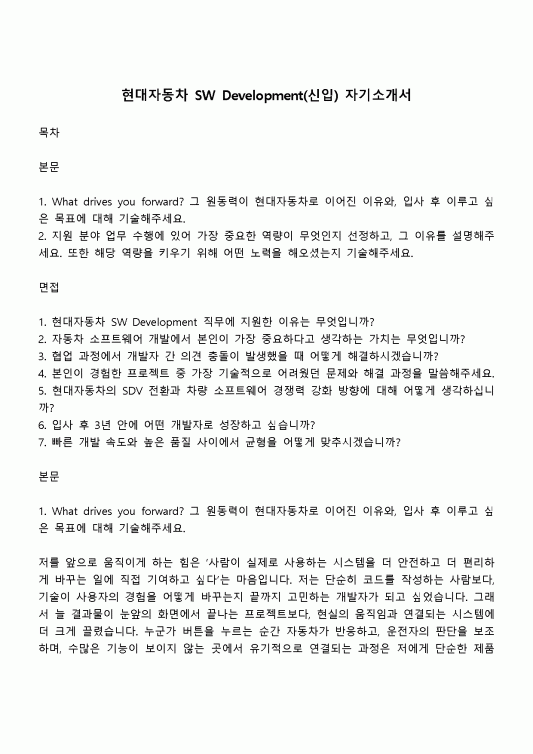 현대자동차 SW Development(신입) 자기소개서