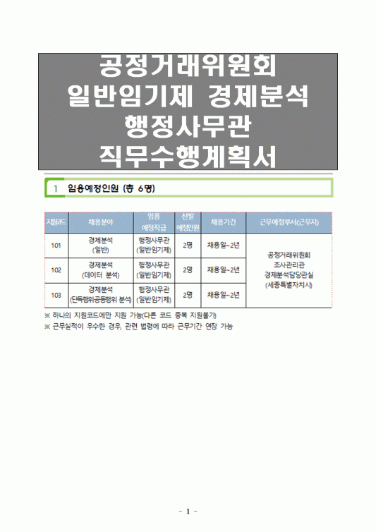 공정거래위원회 일반임기제 경제분석 행정사무관 직무수행계획서