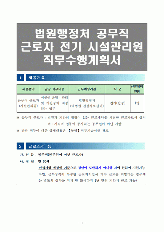 법원행정처 공무직 근로자 전기 시설관리원 직무수행계획서