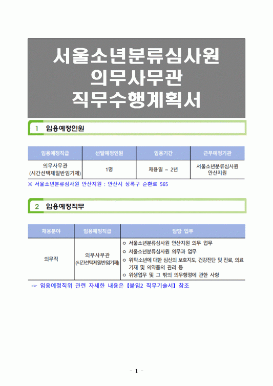 서울소년분류심사원 의무사무관 직무수행계획서