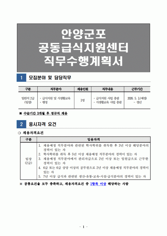 안양군포 공동급식지원센터 직무수행계획서