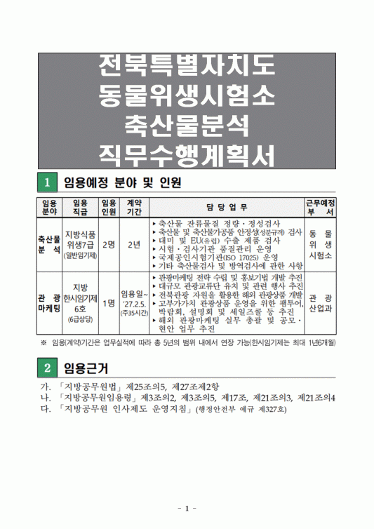 전북특별자치도 동물위생시험소 축산물분석 직무수행계획서