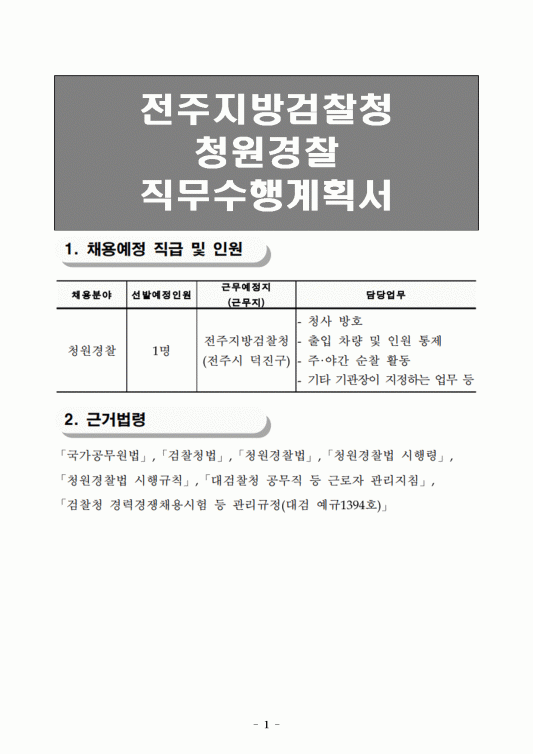 전주지방검찰청 청원경찰 직무수행계획서