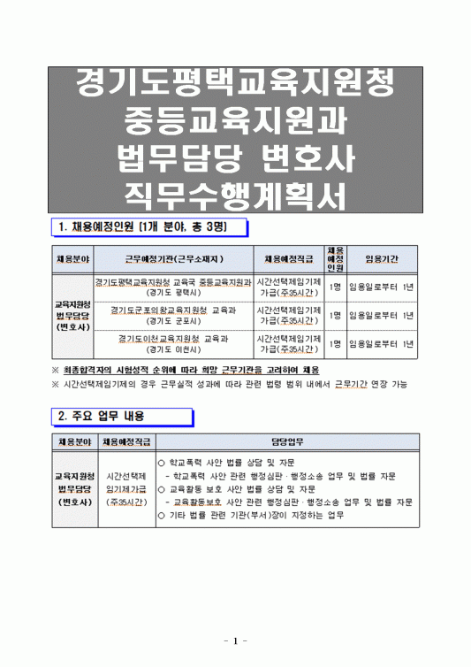 경기도평택교육지원청 중등교육지원과 법무담당 변호사 직무수행계획서