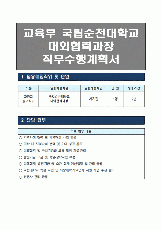 교육부 국립순천대학교 대외협력과장 직무수행계획서