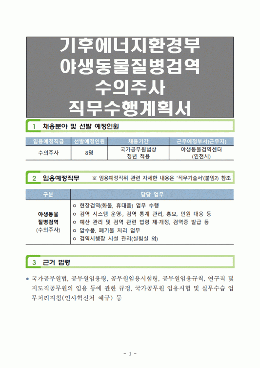 기후에너지환경부 야생동물질병검역 수의주사 직무수행계획서