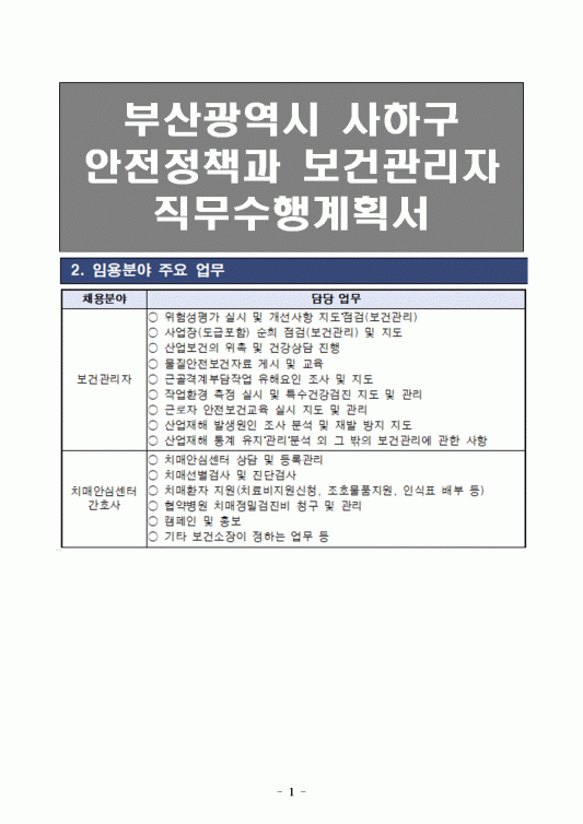부산광역시 사하구 안전정책과 보건관리자 직무수행계획서
