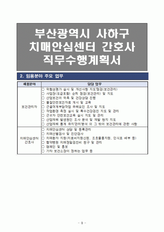 부산광역시 사하구 치매안심센터 간호사 직무수행계획서