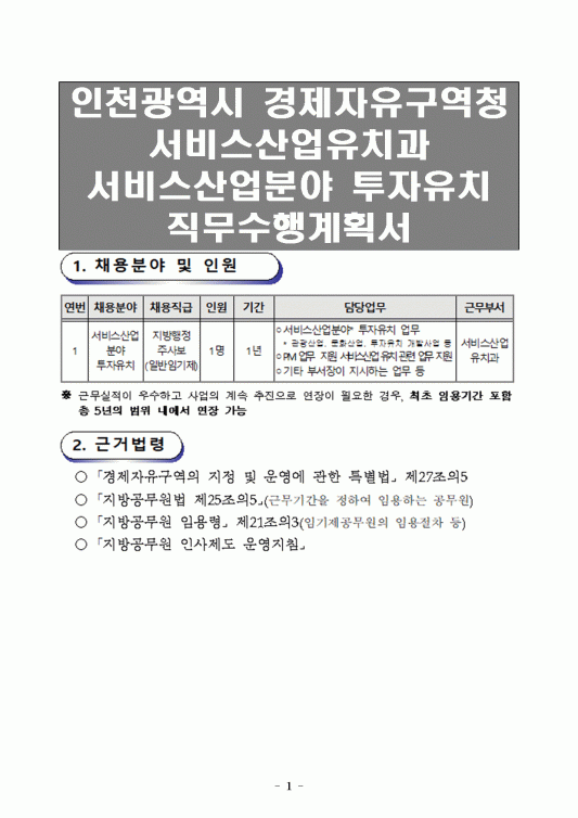 인천광역시 경제자유구역청 서비스산업유치과 서비스산업분야 투자유치 직무수행계획서