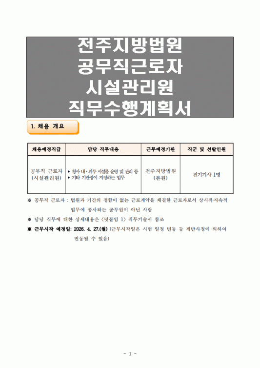 전주지방법원 공무직근로자 시설관리원 직무수행계획서