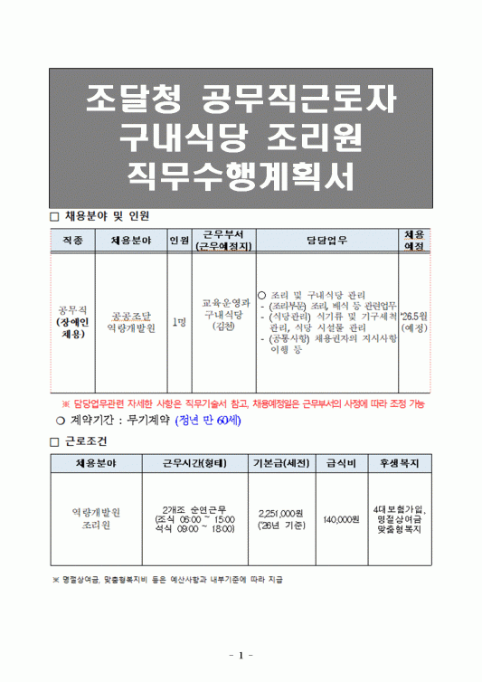 조달청 공무직근로자 구내식당 조리원 직무수행계획서