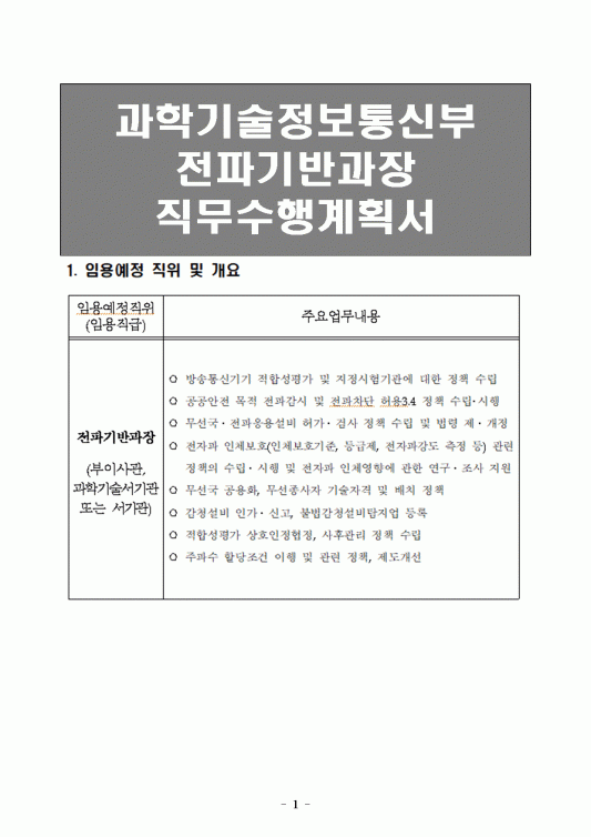 과학기술정보통신부 전파기반과장 직무수행계획서