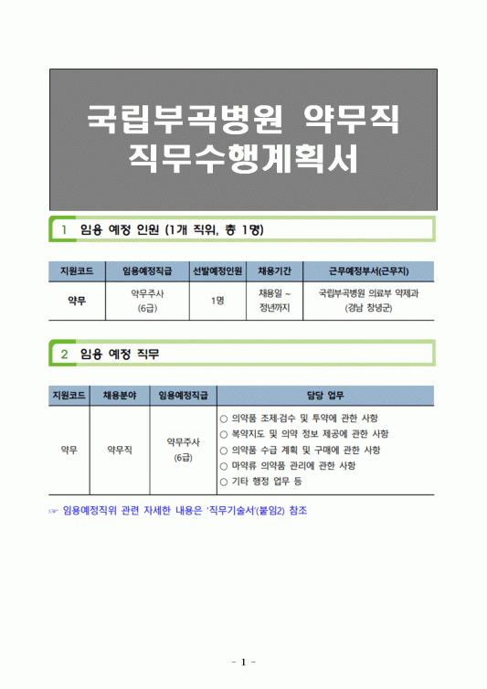 국립부곡병원 약무직 직무수행계획서