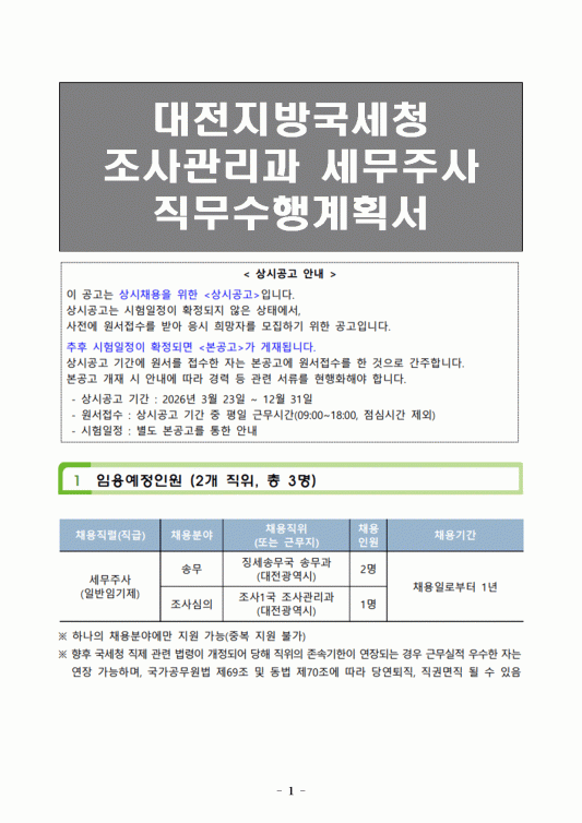 대전지방국세청 조사관리과 세무주사 직무수행계획서