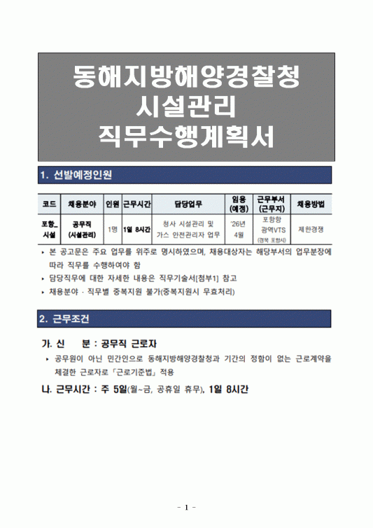 동해지방해양경찰청 시설관리 직무수행계획서