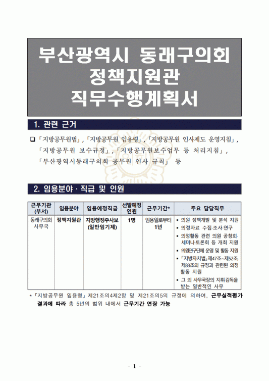 부산광역시 동래구의회 정책지원관 직무수행계획서