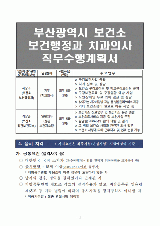 부산광역시 보건소 보건행정과 치과의사 직무수행계획서