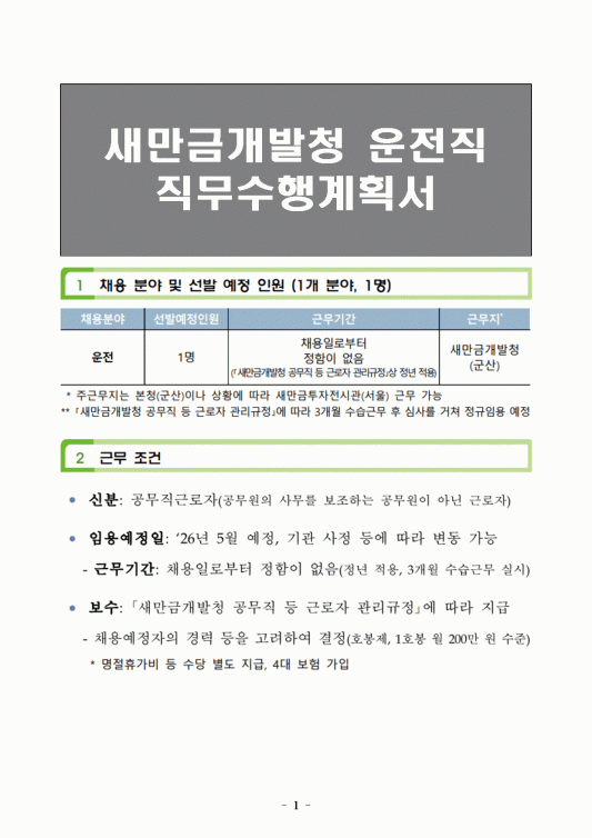 새만금개발청 운전직 직무수행계획서