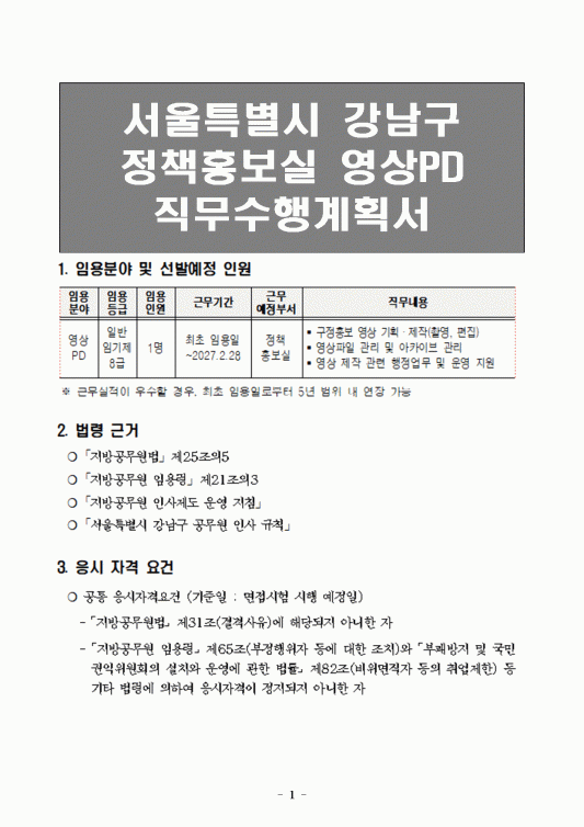 서울특별시 강남구 정책홍보실 영상PD 직무수행계획서