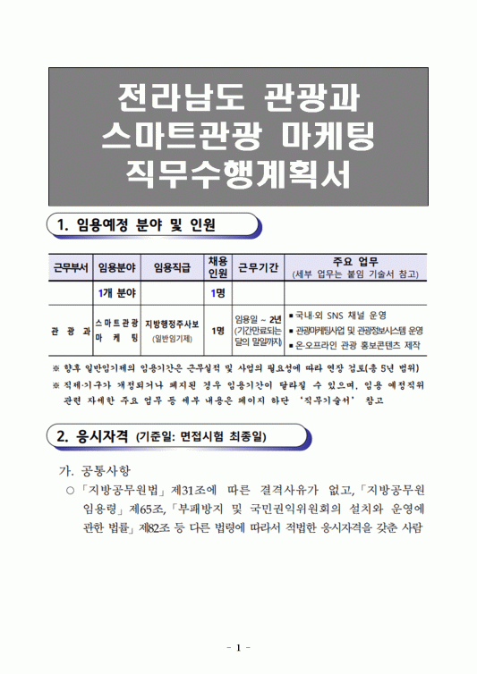 전라남도 관광과 스마트관광 마케팅 직무수행계획서