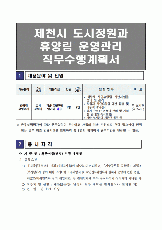 제천시 도시정원과 휴양림 운영관리 직무수행계획서