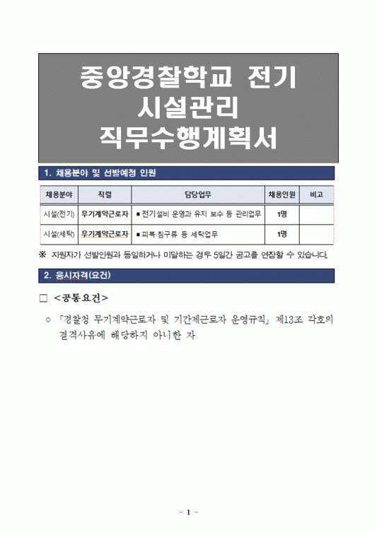 중앙경찰학교 전기 시설관리 직무수행계획서
