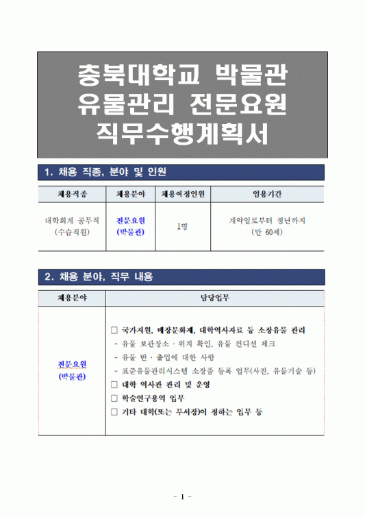 충북대학교 박물관 유물관리 전문요원 직무수행계획서
