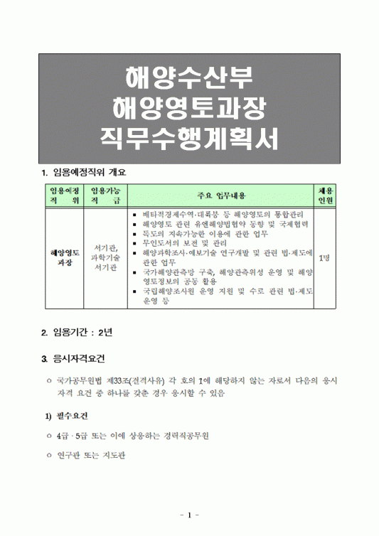 해양수산부 해양영토과장 직무수행계획서