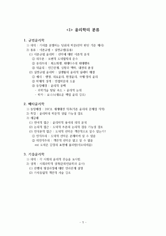 고등학교 생활과 윤리 핵심 요약 정리 및 서브노트