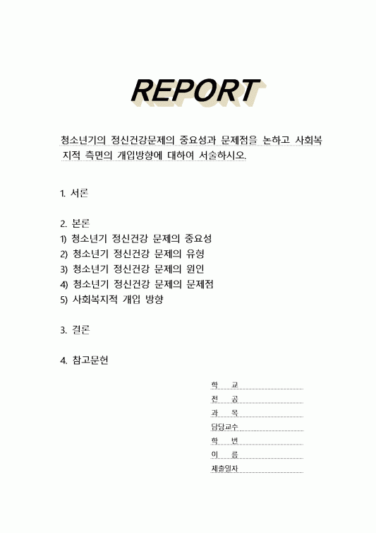 청소년기의 정신건강문제의 중요성과 문제점을 논하고 사회복지적 측면의 개입방향에 대하여 서술하시오