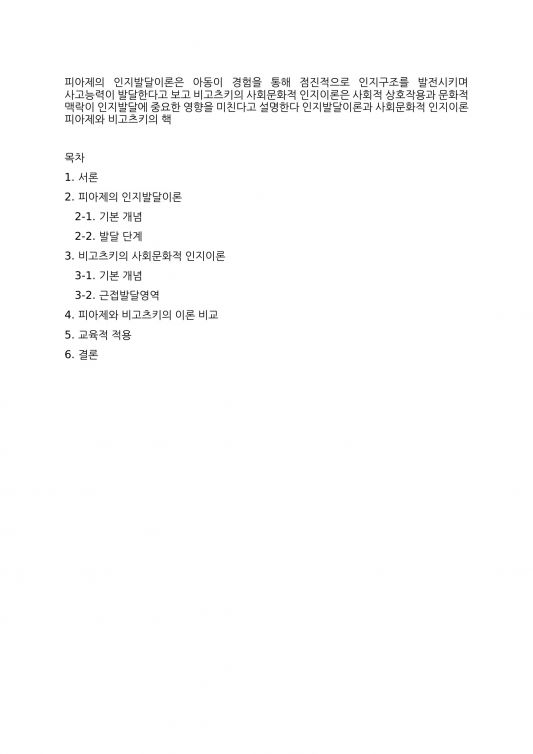 피아제의 인지발달이론은 아동이 경험을 통해 점진적으로 인지구조를 발전시키며 사고능력이 발달한다고 보고 비고츠키의 사회문화적 인지이론은 사회적 상호작용과 문화적 맥락이 인지발달에 중요한 영향을 미친다고 설명한다 인지발달이론과 사회문화적 인지이론 피아제와 비고츠키의 핵