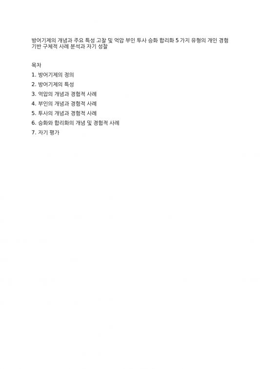 방어기제의 개념과 주요 특성 고찰 및 억압 부인 투사 승화 합리화 5가지 유형의 개인 경험 기반 구체적 사례 분석과 자기 성찰