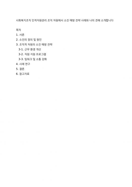 사회복지조직 인적자원관리 조직 차원에서 소진 예방 전략 사례와 나의 견해 소개합니다