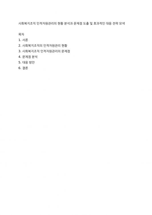 사회복지조직 인적자원관리의 현황 분석과 문제점 도출 및 효과적인 대응 전략 모색