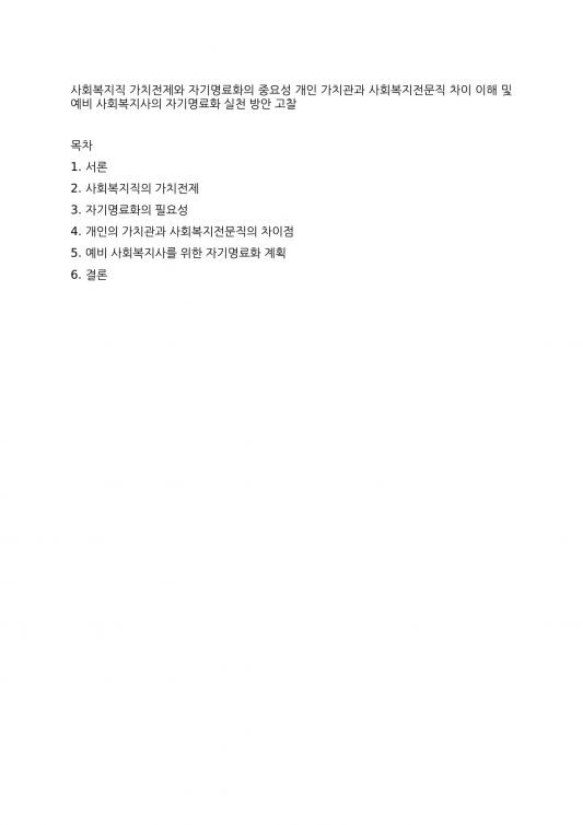 사회복지직 가치전제와 자기명료화의 중요성 개인 가치관과 사회복지전문직 차이 이해 및 예비 사회복지사의 자기명료화 실천 방안 고찰