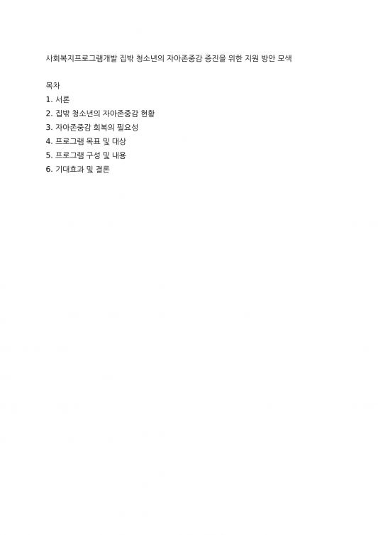 사회복지프로그램개발 집밖 청소년의 자아존중감 증진을 위한 지원 방안 모색